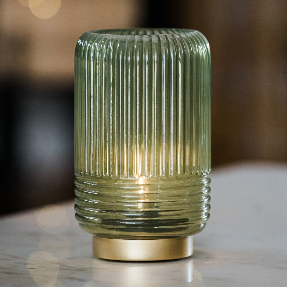Cordless Green Glass Ribbed Battery Lamps