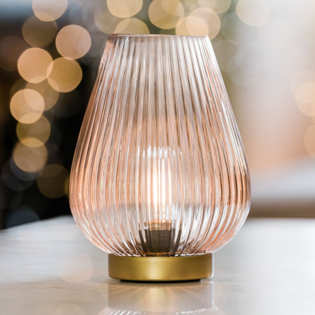 Cordless Blush Pink Glass Fluted Ribbed Battery Lamp