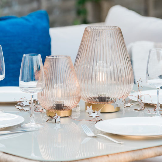 Cordless Blush Pink Glass Fluted Ribbed Battery Lamp