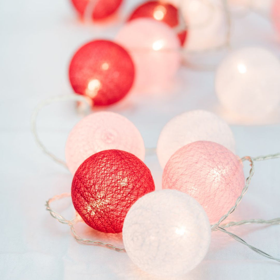 Pink, White & Red Cotton Ball Fairy Lights